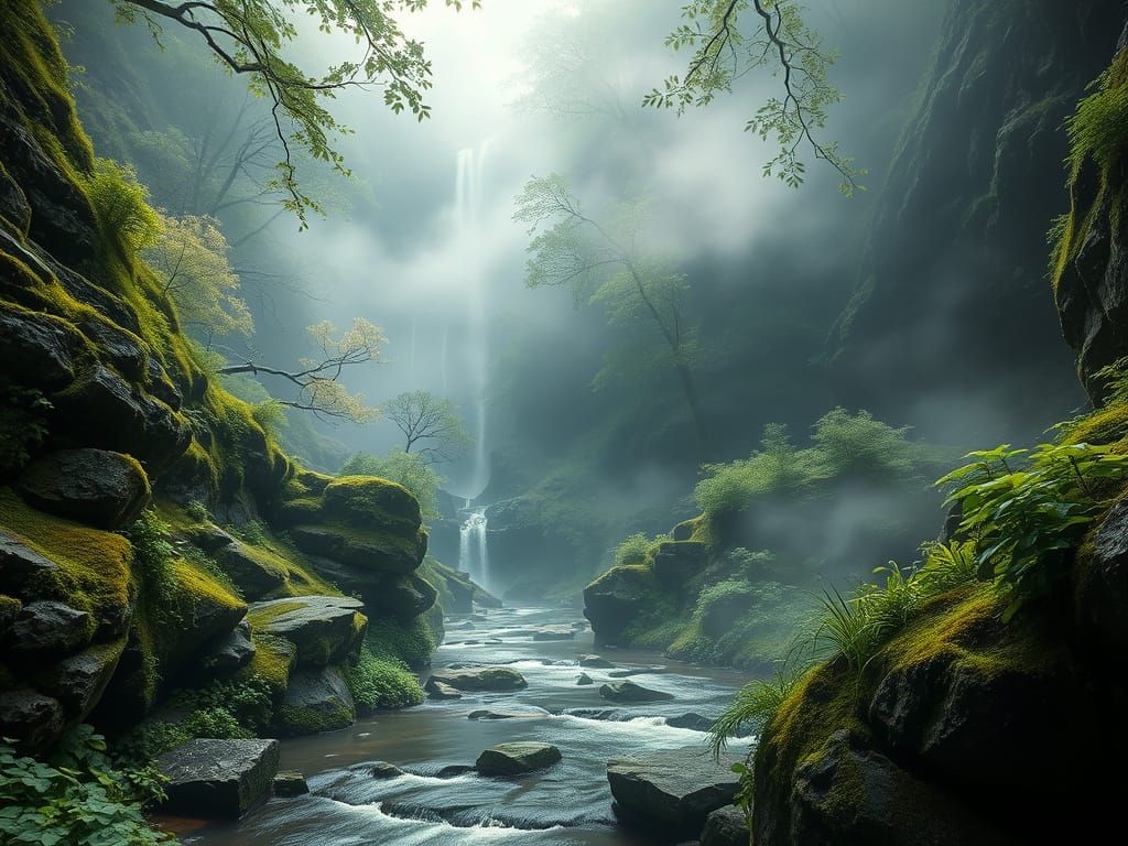 Cascades & Mist - Misty Waterfalls in Lush Greenery