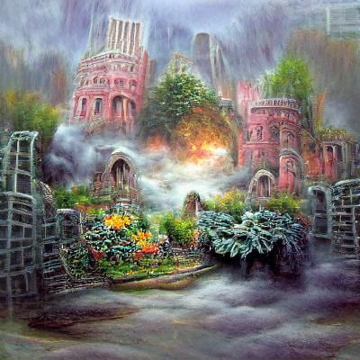 Apocalyptic garden with castle ruins - AI Art