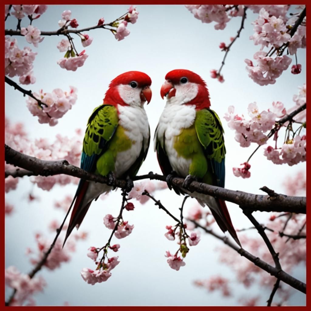 Red and White Parakeets in Cherry Blossom Bloom