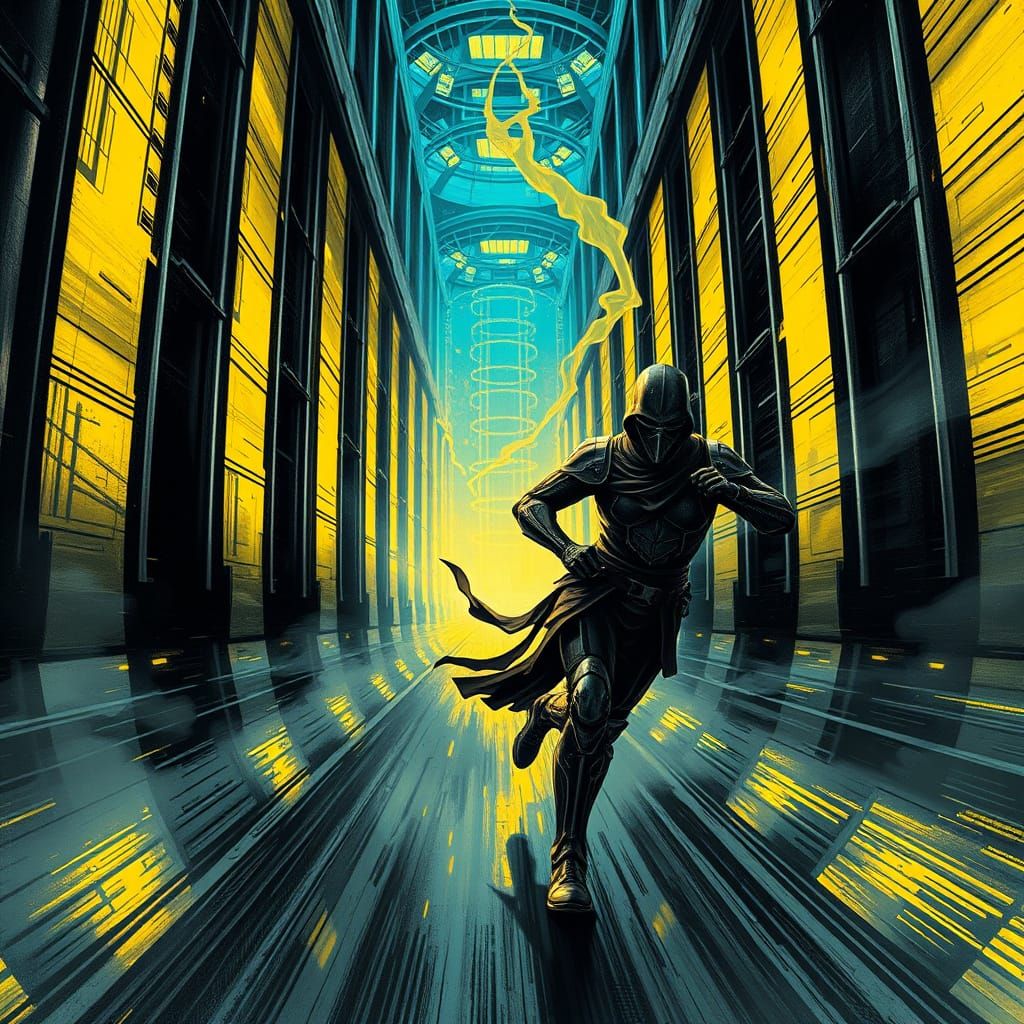Cybernetic Ninja in Futuristic Coruscant Cityscape - AI Art