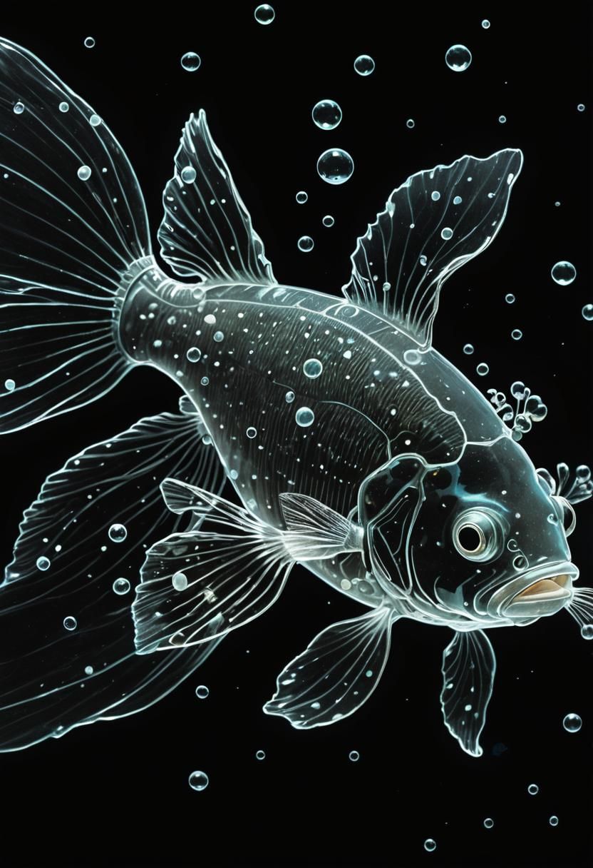Wide angle drawing of a clear fish with small, bioluminescent fish ...