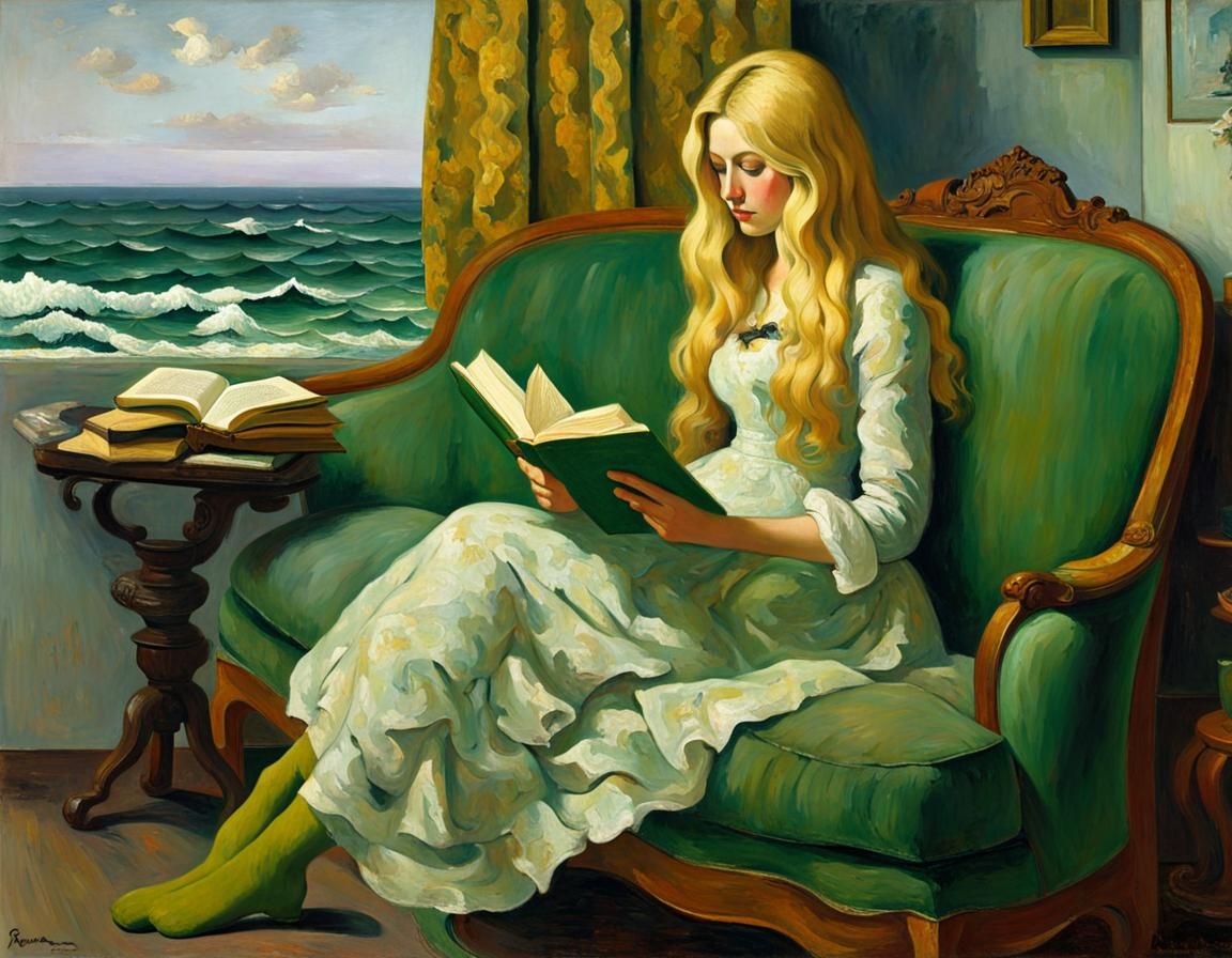 Blonde woman reading a book - AI Generated Artwork - NightCafe Creator