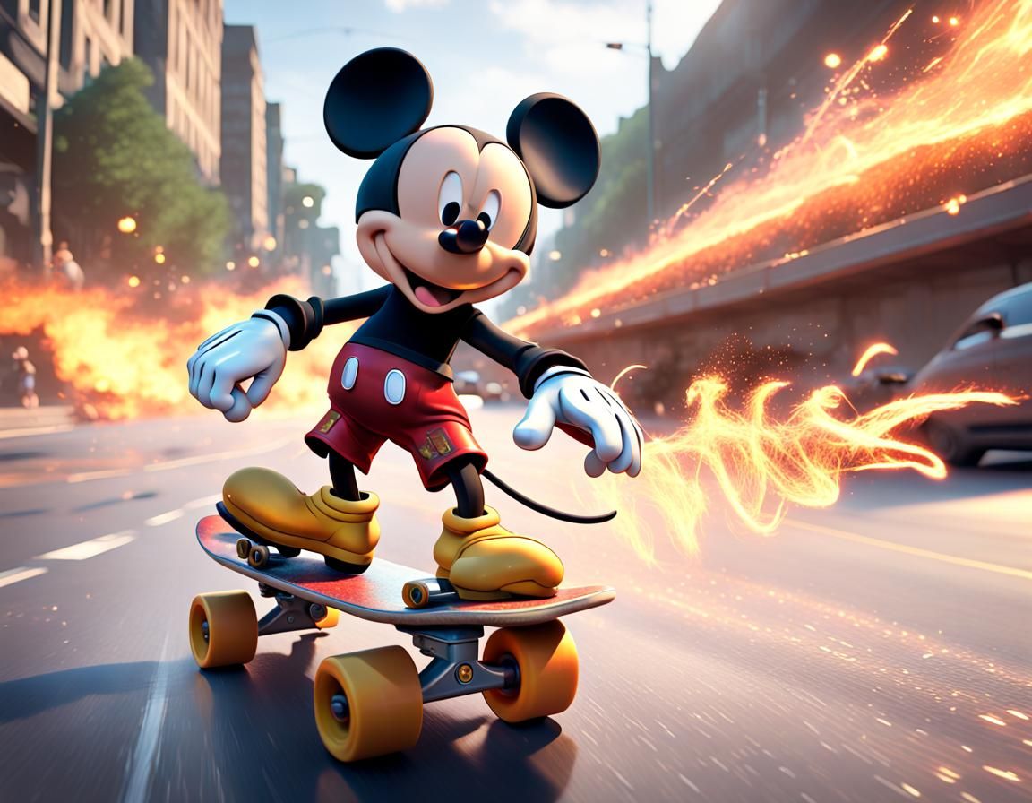 Mickey Mouse skateboarding along a busy road, fast with fire sparks ...