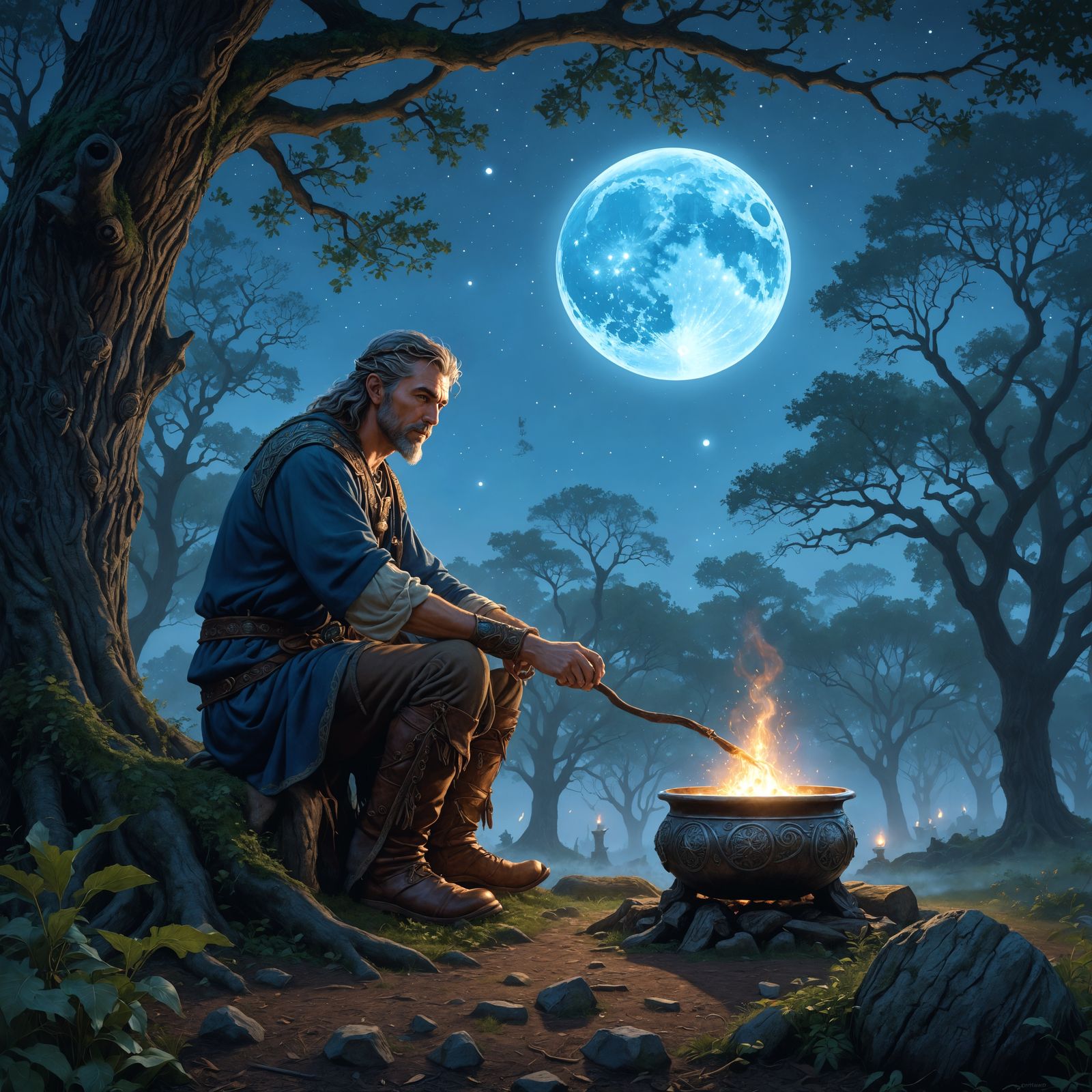 Ancient Druid Casting Spells Beneath Starry Oak Gr... - AI Art