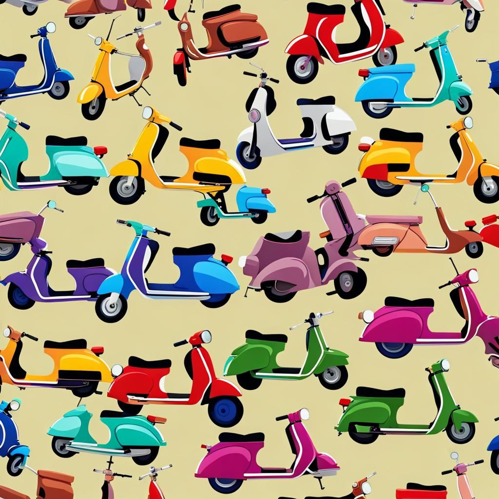 seamless pattern of tiny, vintage, and classic scooters of different ...