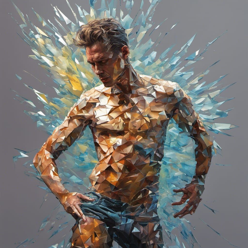 male model torso dancing made of broken glass mirror, wild, polygon ...