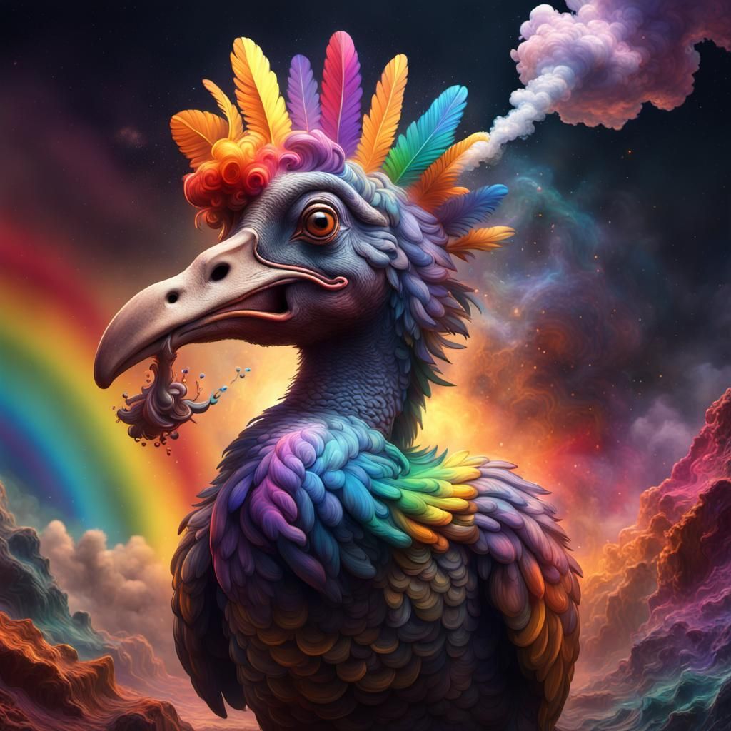 abstract dodo bird smoking, with universe coming out of his crown ...
