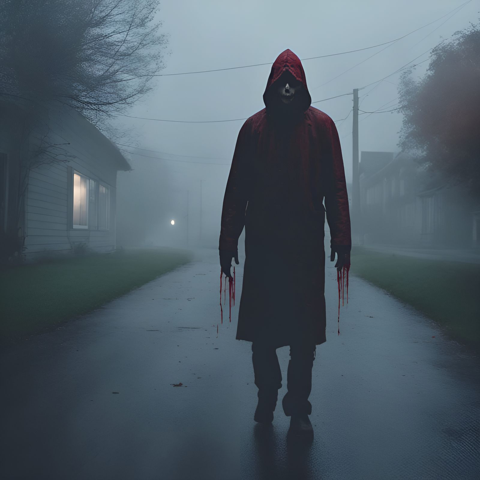 Foggy suburban street dark. Menacing Halloween masked slasher killer ...