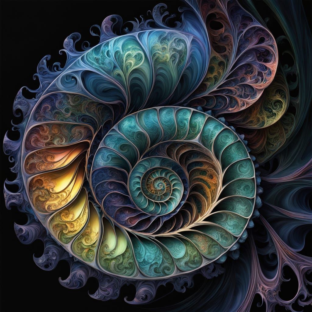 Vibrant Fractals Unfold Within Nautilus Shell - AI Art