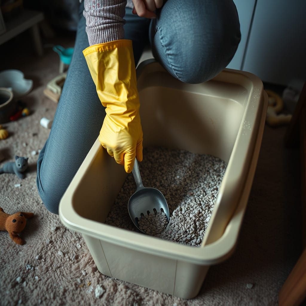 Change cat’s litter box, dirty job, realistic photo