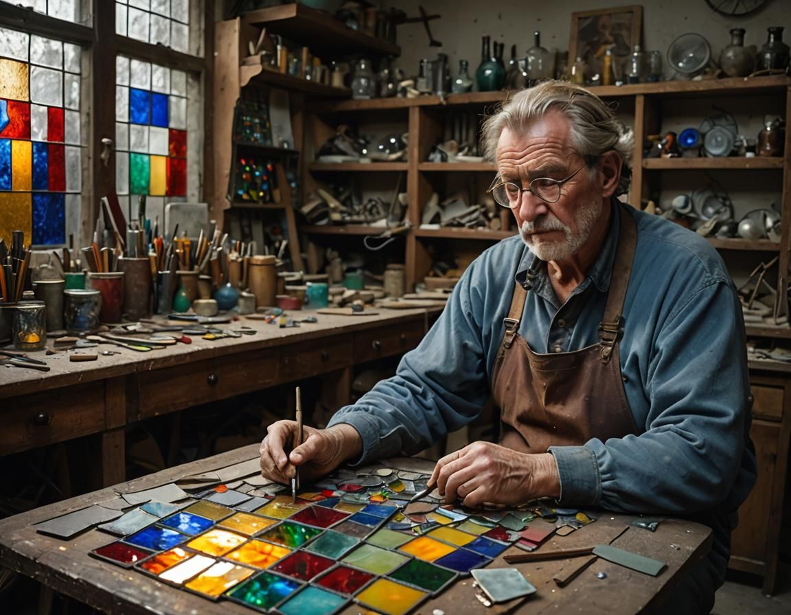 An old master craftsman, sitting in his glass workshop, crafting ...