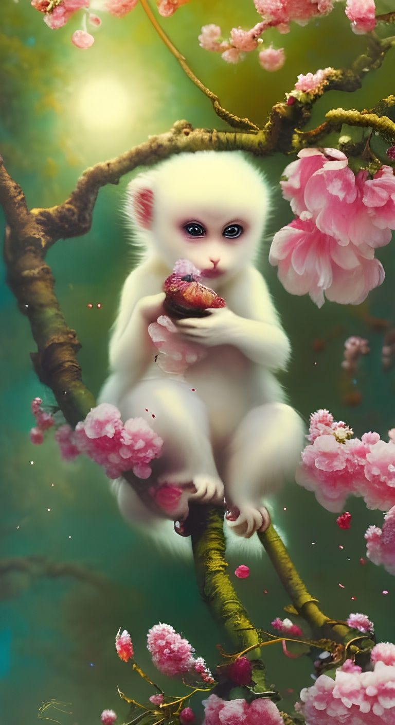 White cute monkey in cherry tree - AI Generated Artwork - NightCafe Creator