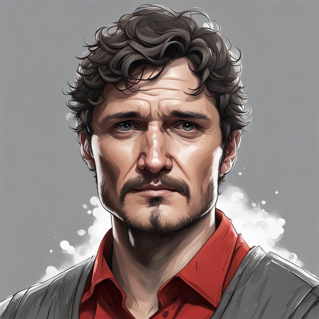 portrait Pedro Pascal with red shirt black ink selective color style 7 ...