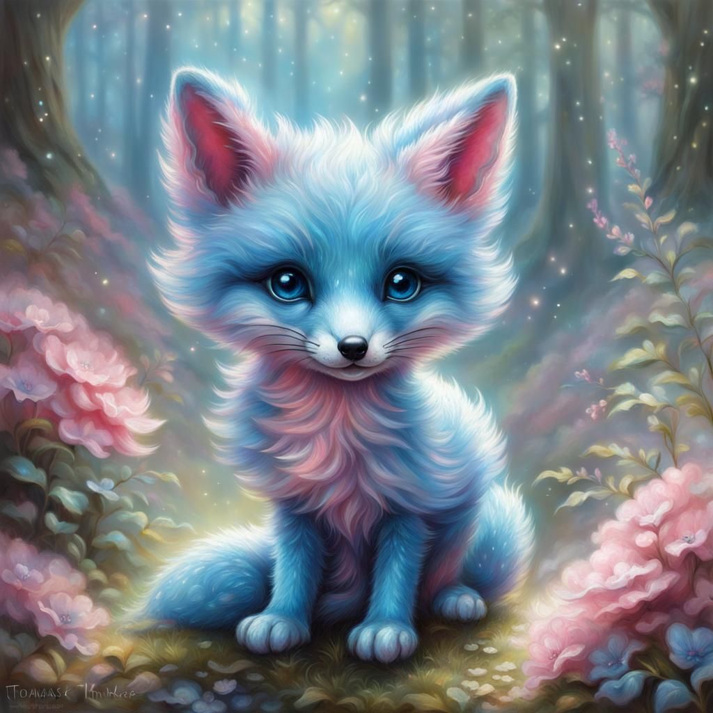 cute blue pink baby fox, big sparkly eyes - AI Generated Artwork ...