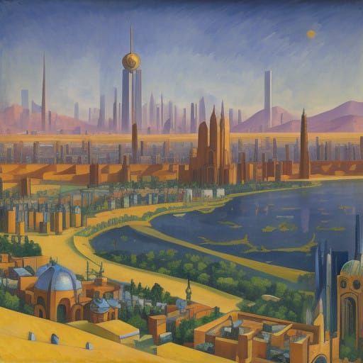 Surreal Solarpunk Cityscape in Vibrant Colors - AI Art