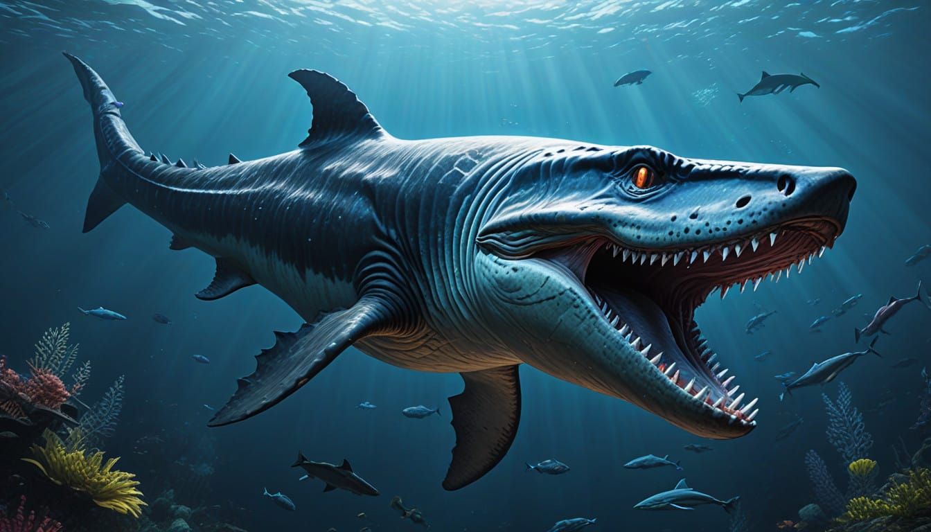 gigantic mosasaur at the bottom of a blue ocean hunting a gigantic ...