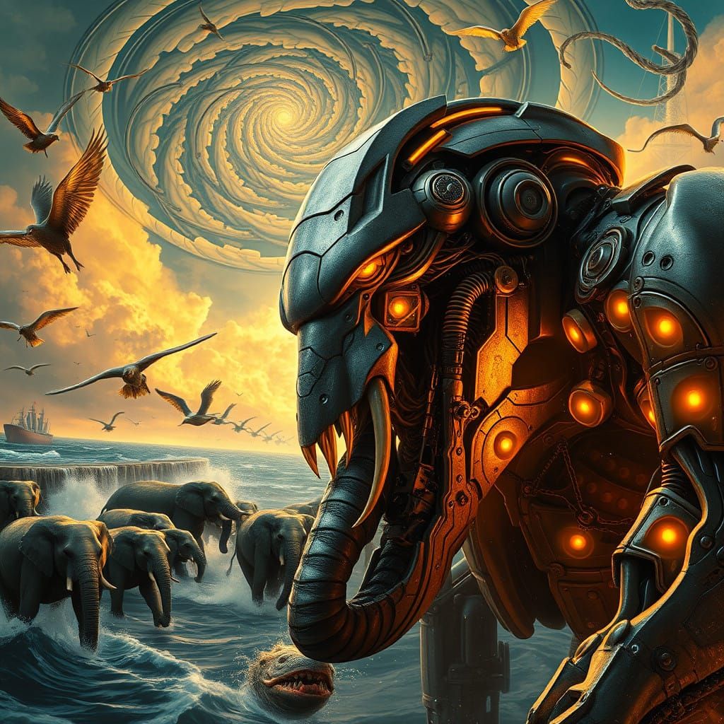 Fearsome Robot Devours Worm Amidst Oceanic Chaos w... - AI Art