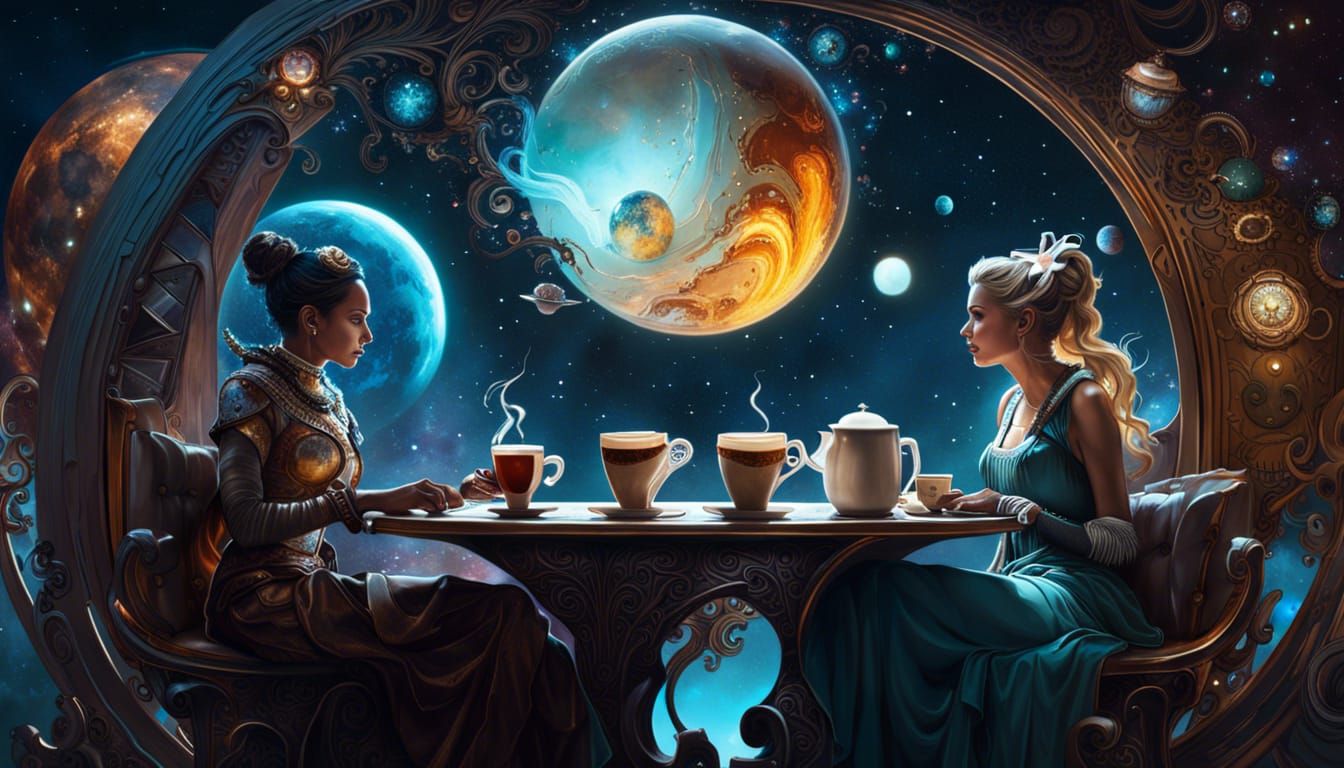 Two women having coffee in a coffee shop in outer space, stars, planets ...