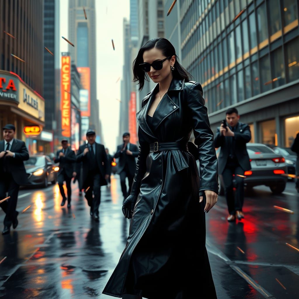 Matrix Warrior Battles Men in Black in Neon City S... - AI Art