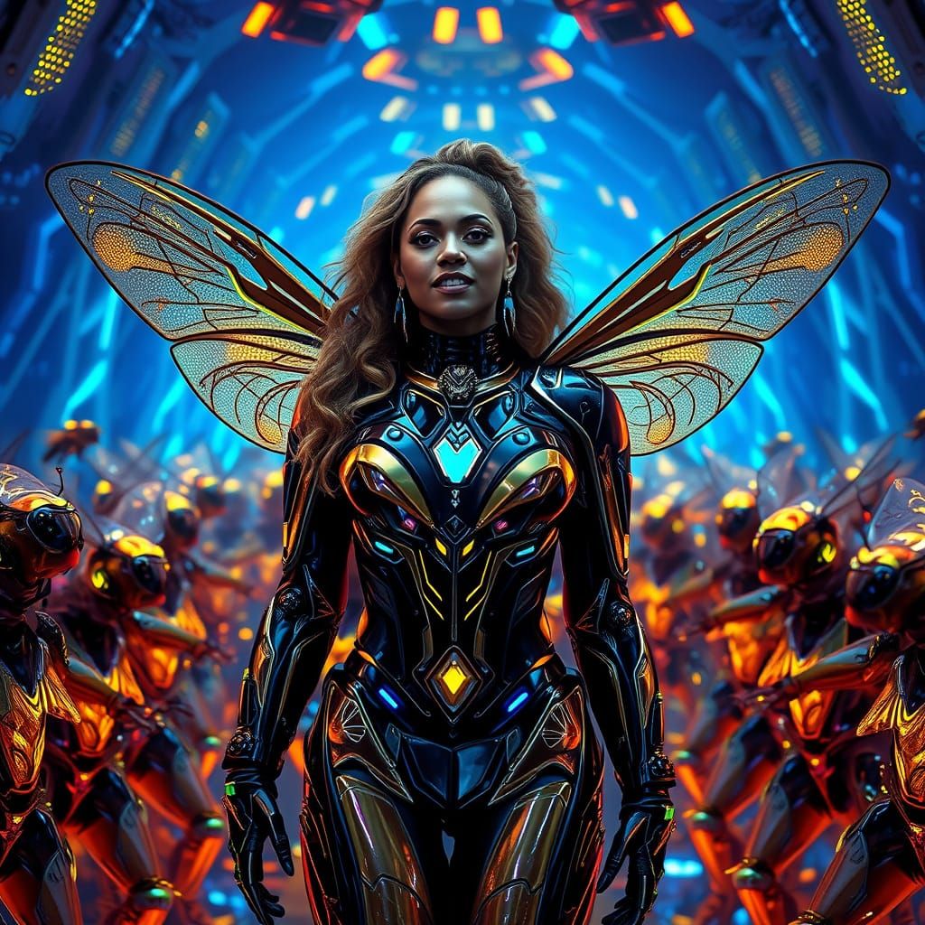 Beyonce as Cyberpunk Queen Bee in Luxurious Hive - AI Art