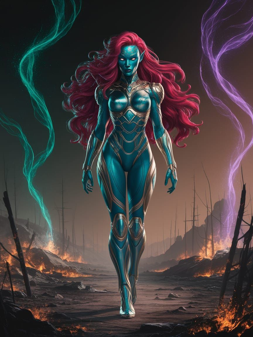 Sapphire Alien Warrior on Ravaged Battlefield - AI Art