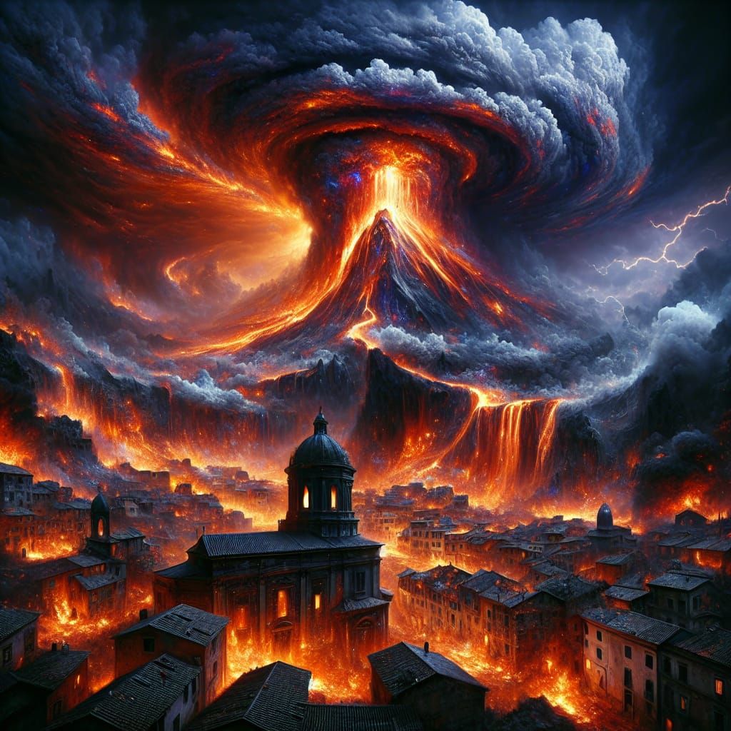 burning old town under a volcano eruption with lightning - AI Generated ...