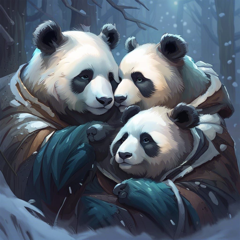 Panda fam on a snowy night - AI Generated Artwork - NightCafe Creator