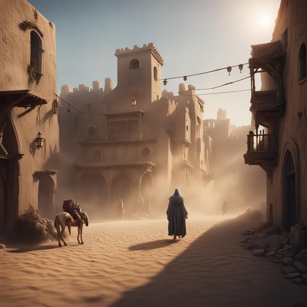 A dusty street in a medieval desert town by the sea. - AI Generated ...