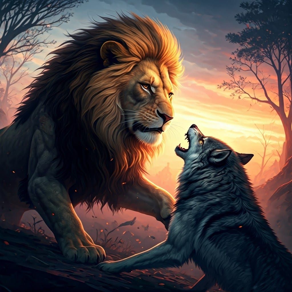 Epic Lion vs Wolf Clash in Dreamlike Fantasy Lands... - AI Art