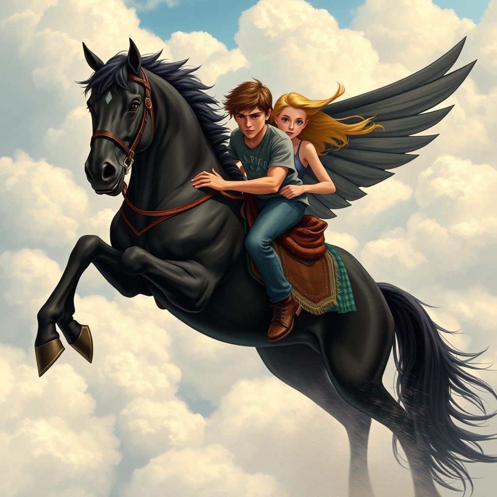 Percy Jackson Rides Majestic Flying Horse Through ... - AI Art