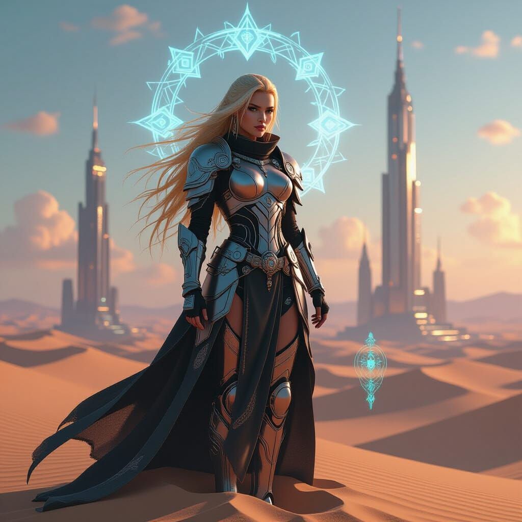 Anya, a fierce cyberpunk Valkyrie warrior with long blonde hair, stands ...