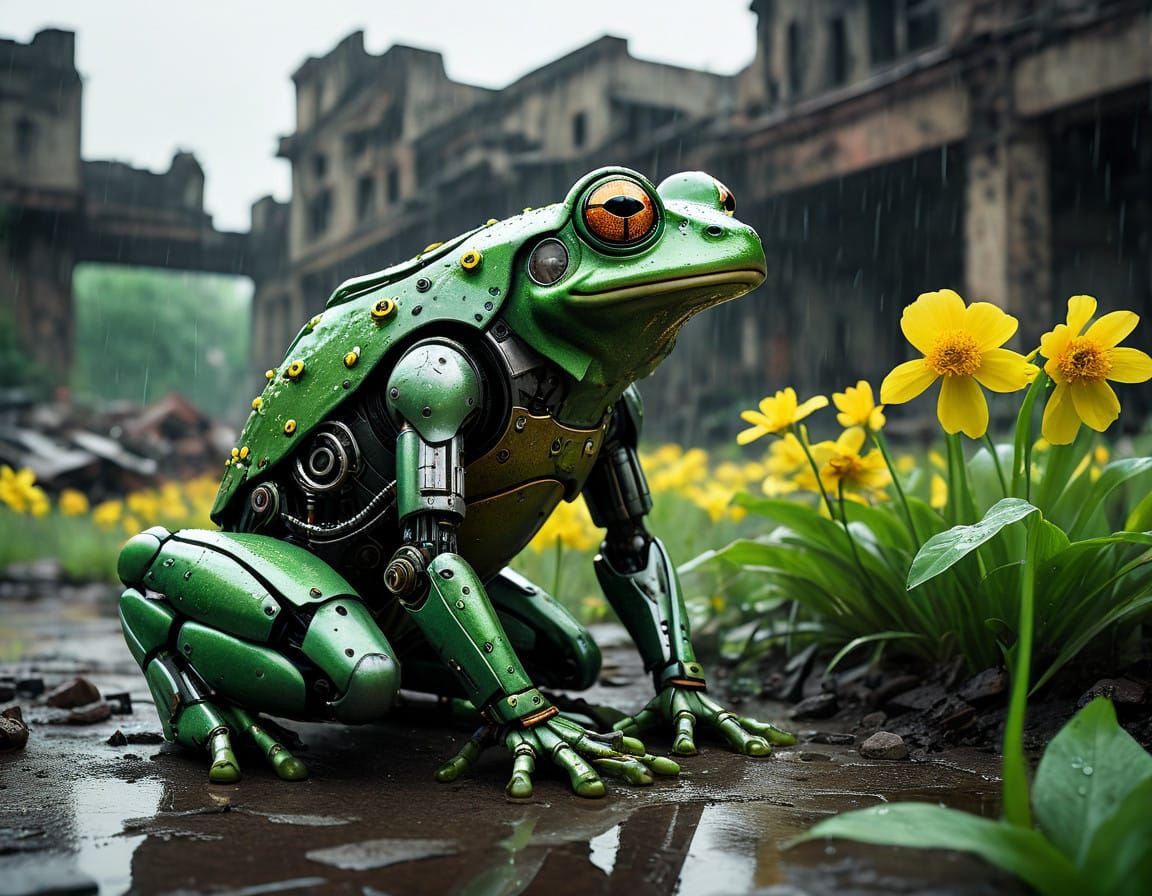 Cyberpunk Robot Frog in Post-Apocalyptic Garden of... - AI Art