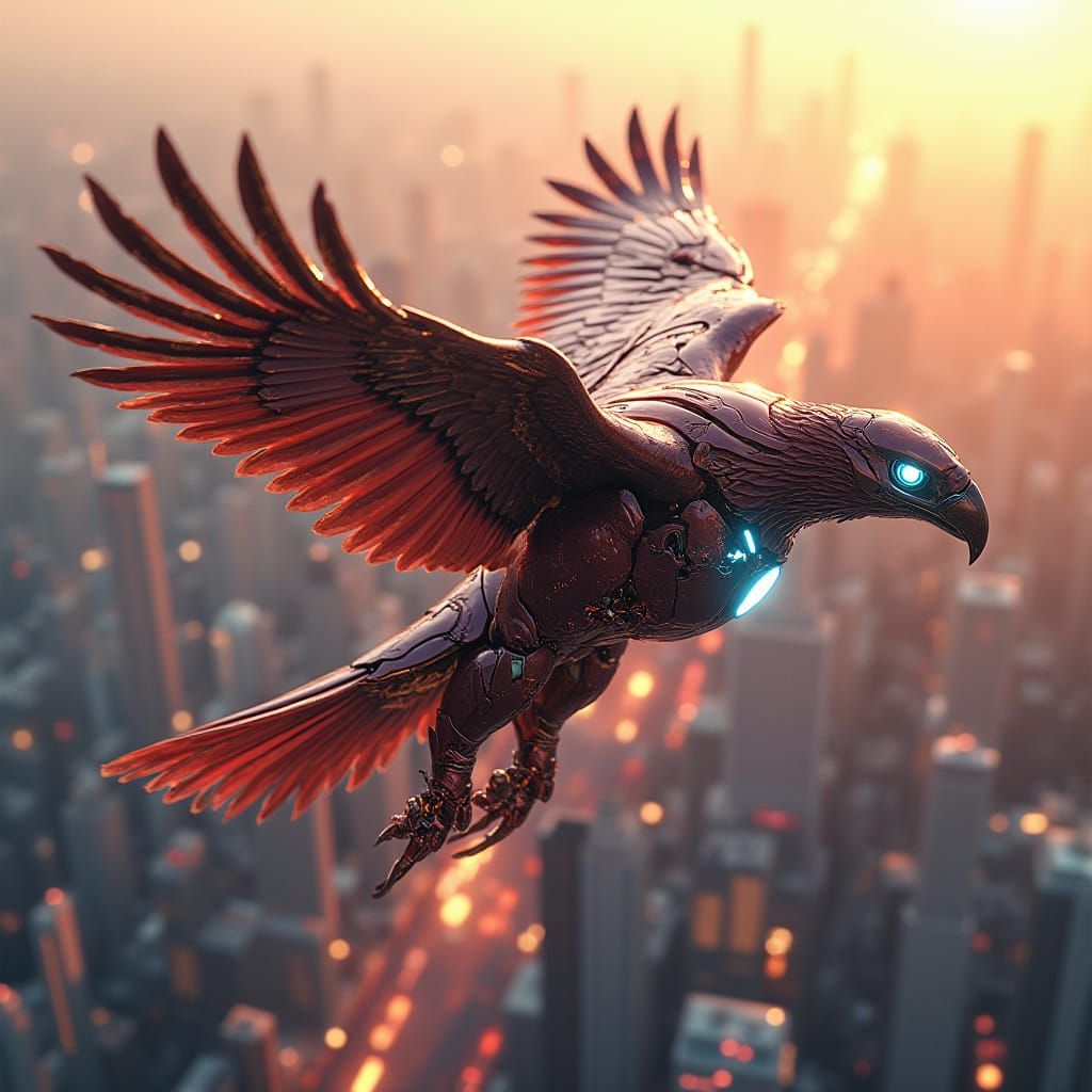Cybernetic Eagle Soars Through Futuristic Metropol... - AI Art