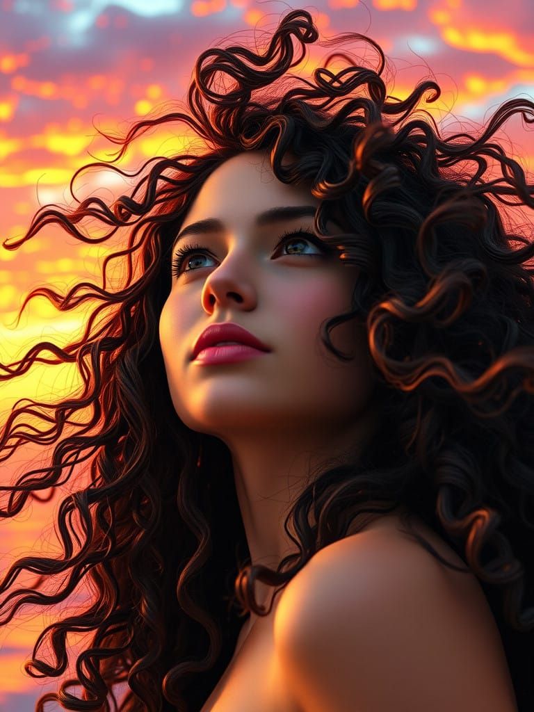 Full length painting of A dark- brown haired woman, with curly, extra ...