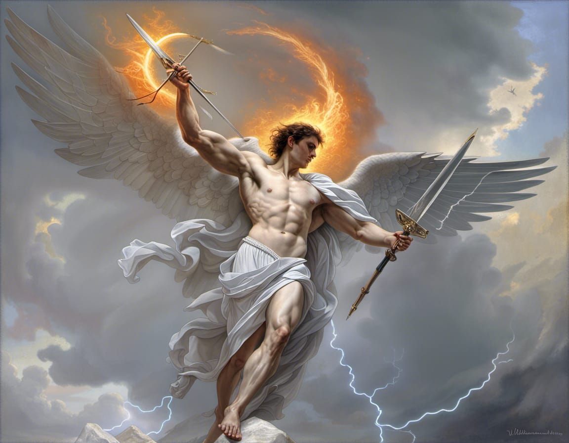 2 Muscular Male Archangel by William-Adolphe Bouguereau, holding two ...