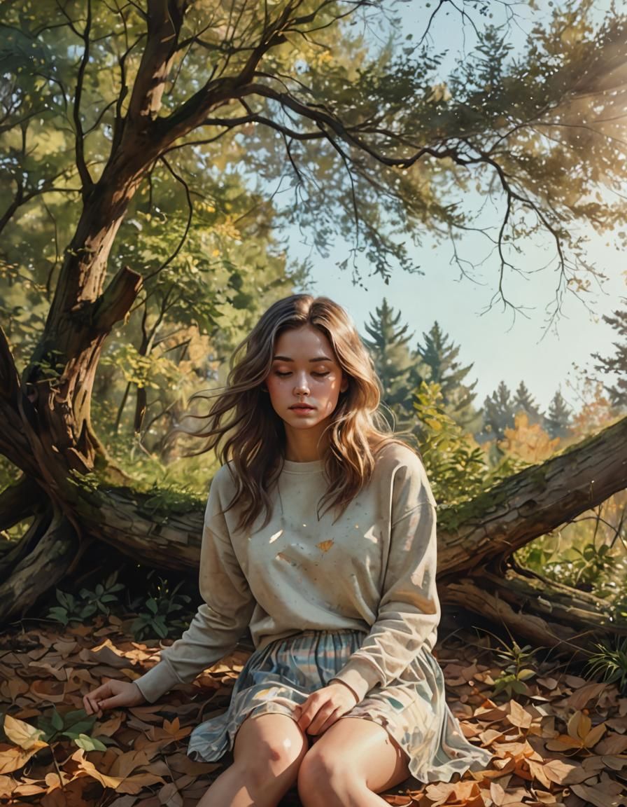 peaceful woman - Whimsical Woman in Dappled Forest Light