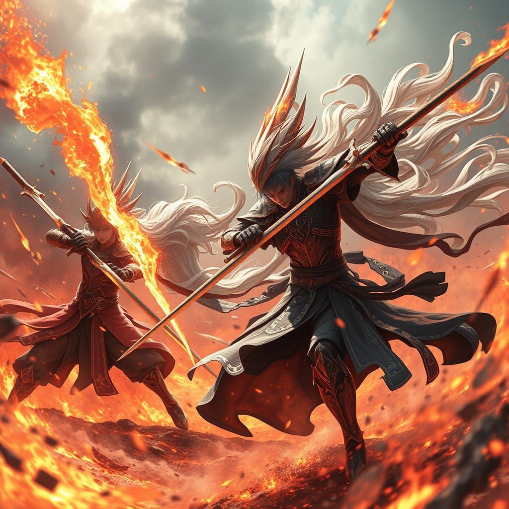 Dark Fantasy Warriors Clash on Fiery Battlefield i... - AI Art