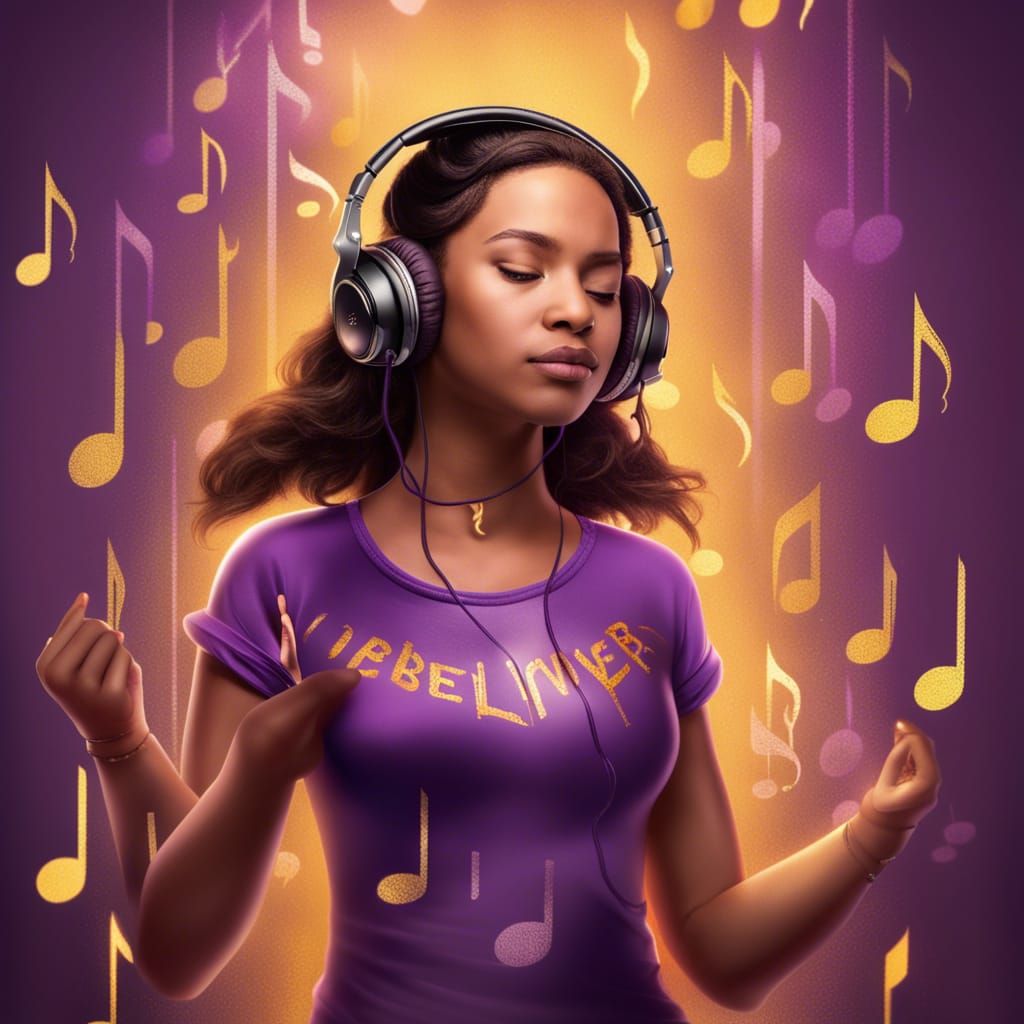 girl wearing headphones and a purple shirt with a high neck, standing ...