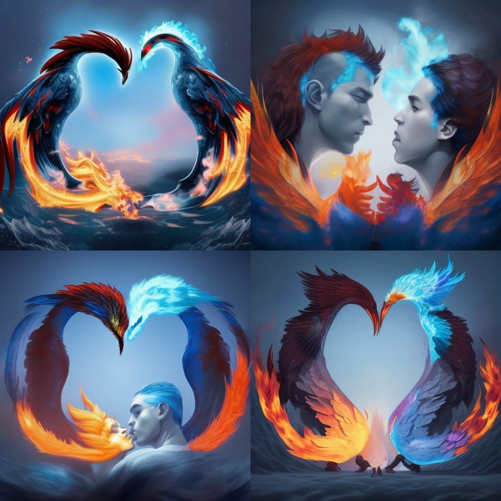 ice phoenix and fire phoenix raising from ashes and kissing in midair ...