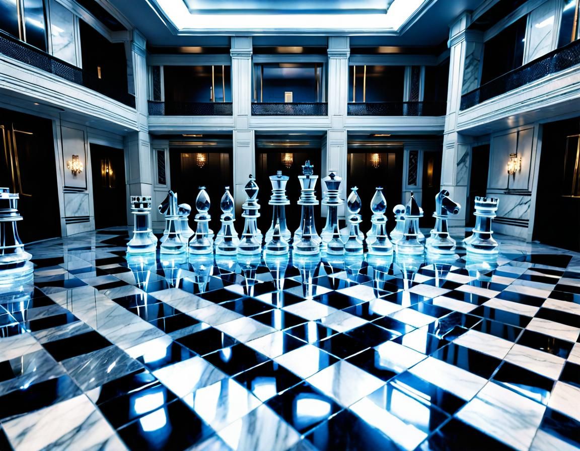 Giant crystalline chess pieces standing on a marble floor with chess ...