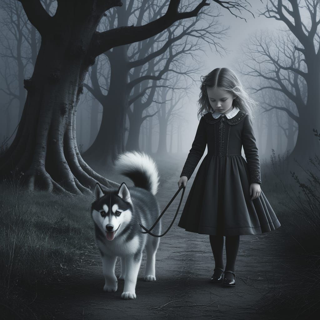 A highly detailed gothic picture of a little girl in a dark dress ...