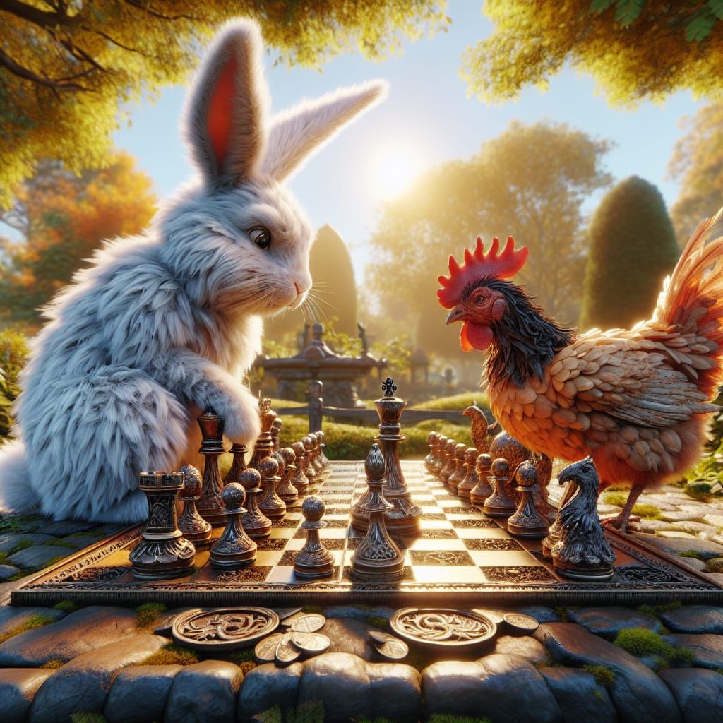 Easter bunny playing chess with a chicken in a park. - AI Generated ...