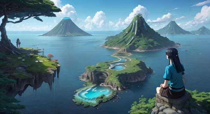 avatar - style landscape with lush, floating islands, waterfalls coming ...