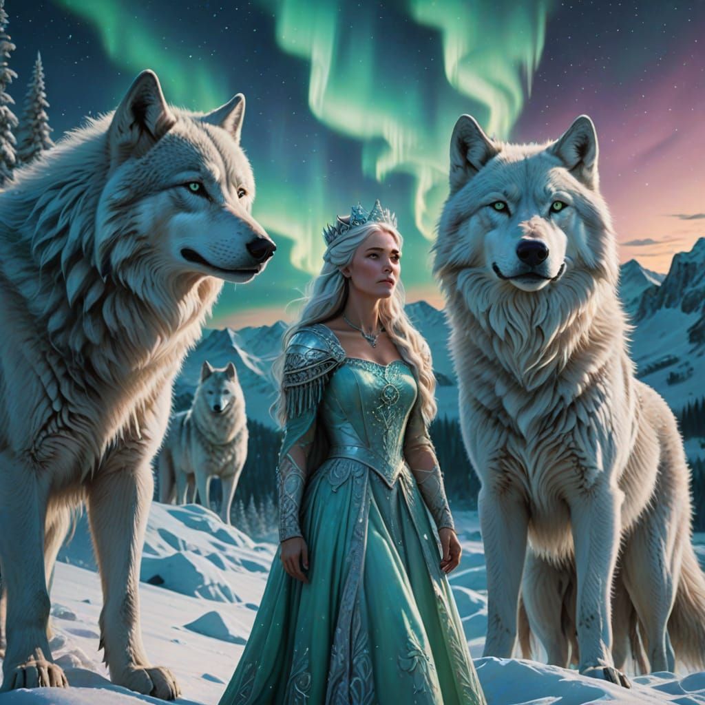 A majestic queen - Regal Queen Surrounded by Majestic Wolves...