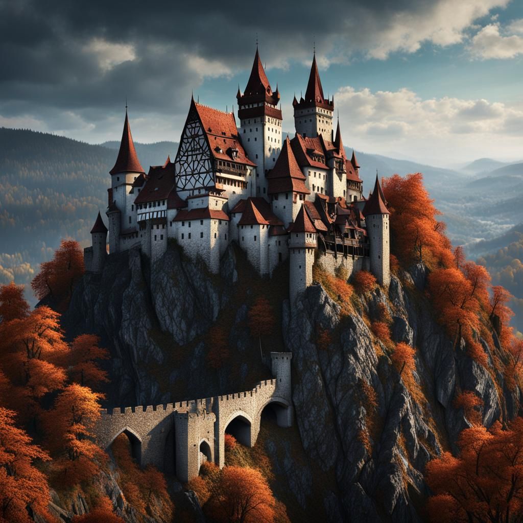 Castle Dracula is in ruins on the top of a mountain over a precipice ...