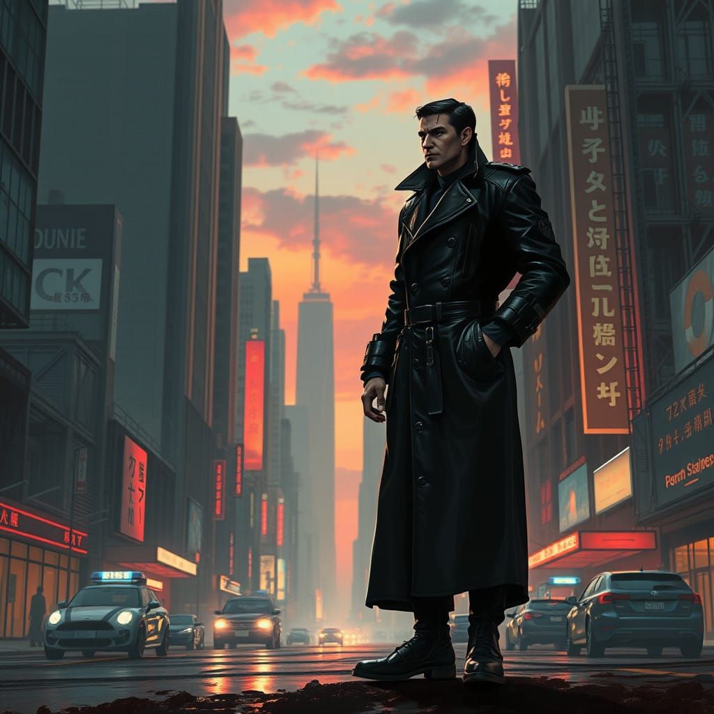 cyberpunk cop - Cyberpunk Cop in Gritty High-Tech Cityscape
