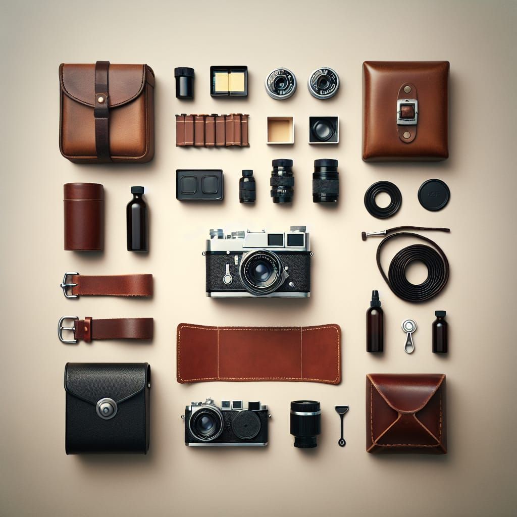 knolling photo of vintage camera - AI Generated Artwork - NightCafe Creator