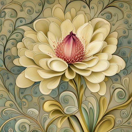 A painting of a faded flower with pointed petals decorated with ...