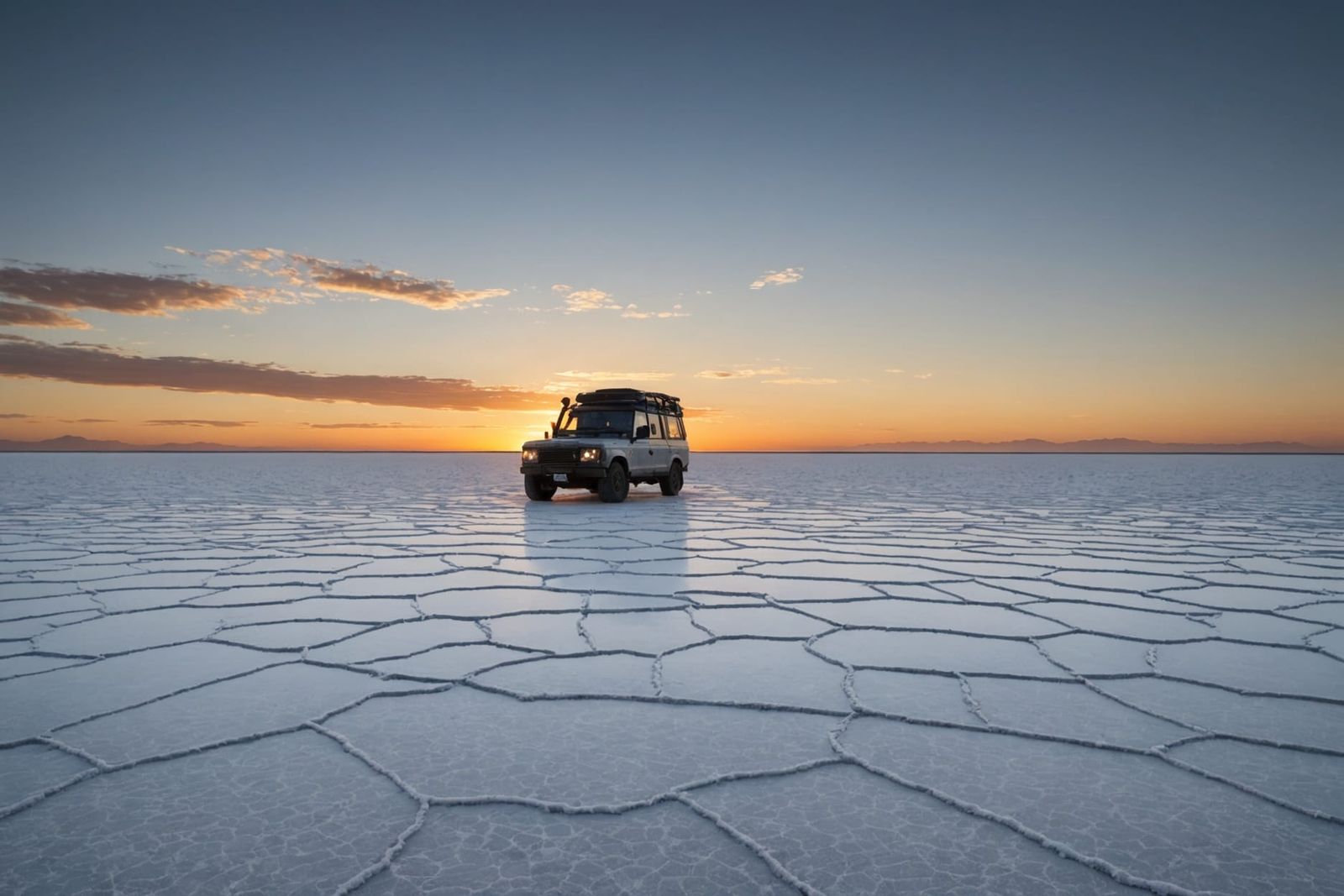 Endless Bolivian salt flat on a early morning with a Land Rover in the ...