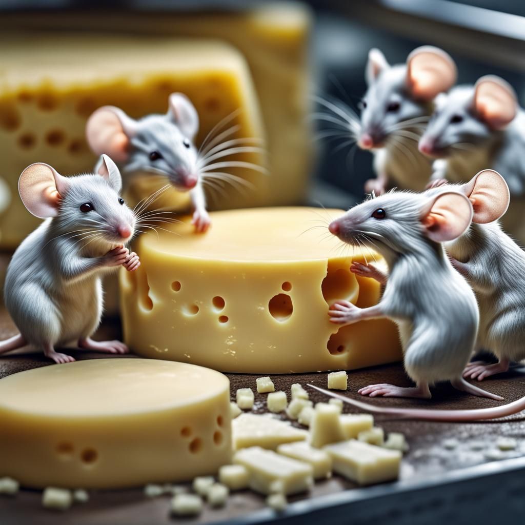 a group of mice working in factory making cheese intricate details, HDR ...